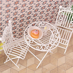 Metal Doll House Bistro Set, White Miniature Doll House Table and Chairs Set, 1/12 Scale Miniature Patio Set Fairy Garden Furniture Ornaments Micro Decor A
