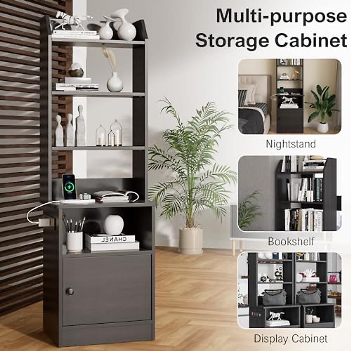 Aufvolr 6 Tier Bookshelf with Cabinet，Tall Night Stand with Charging Atation, Wood Book Shelf Storage Organizer, Modern Display Standing Shelf Unit for Bedroom, Living Room, Office (Black)