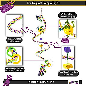 Birds LOVE Cotton Boing n' Toy with plastic chews & toy rattle ball on Sisal Rope, African Congo, Goffin Cockatoo, Mini Macaw, Yellow Naped Amazon, Size MD: 0.87"Dia*63"L (full length if straightened)