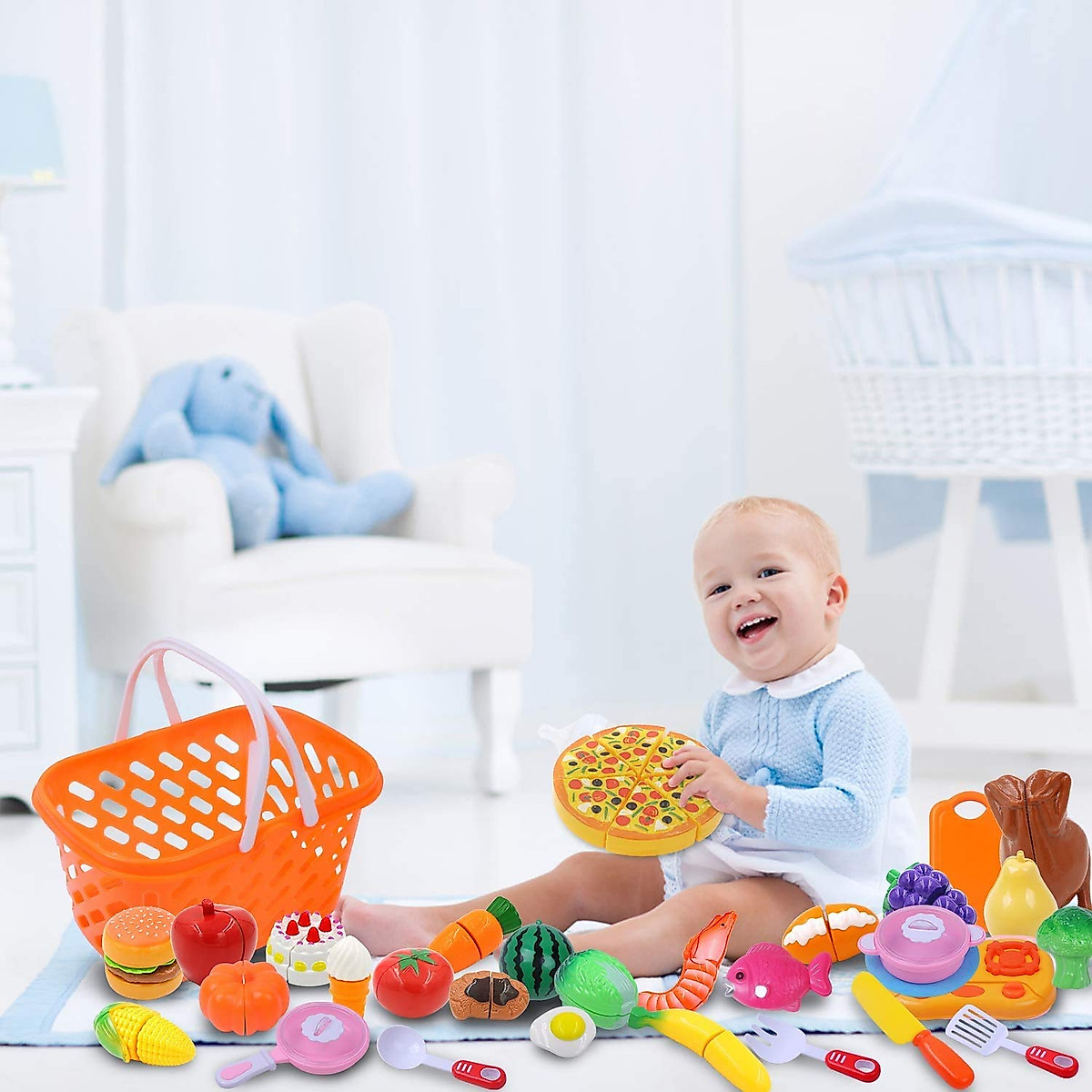 DigHeath Pretend Play Food Set,Kitchen Cutting Toys,BPA Free Plastic Fruits & Vegetables for Kids with Realistic Basket,Knife and Chopping Board,Best Children Educational Play Set