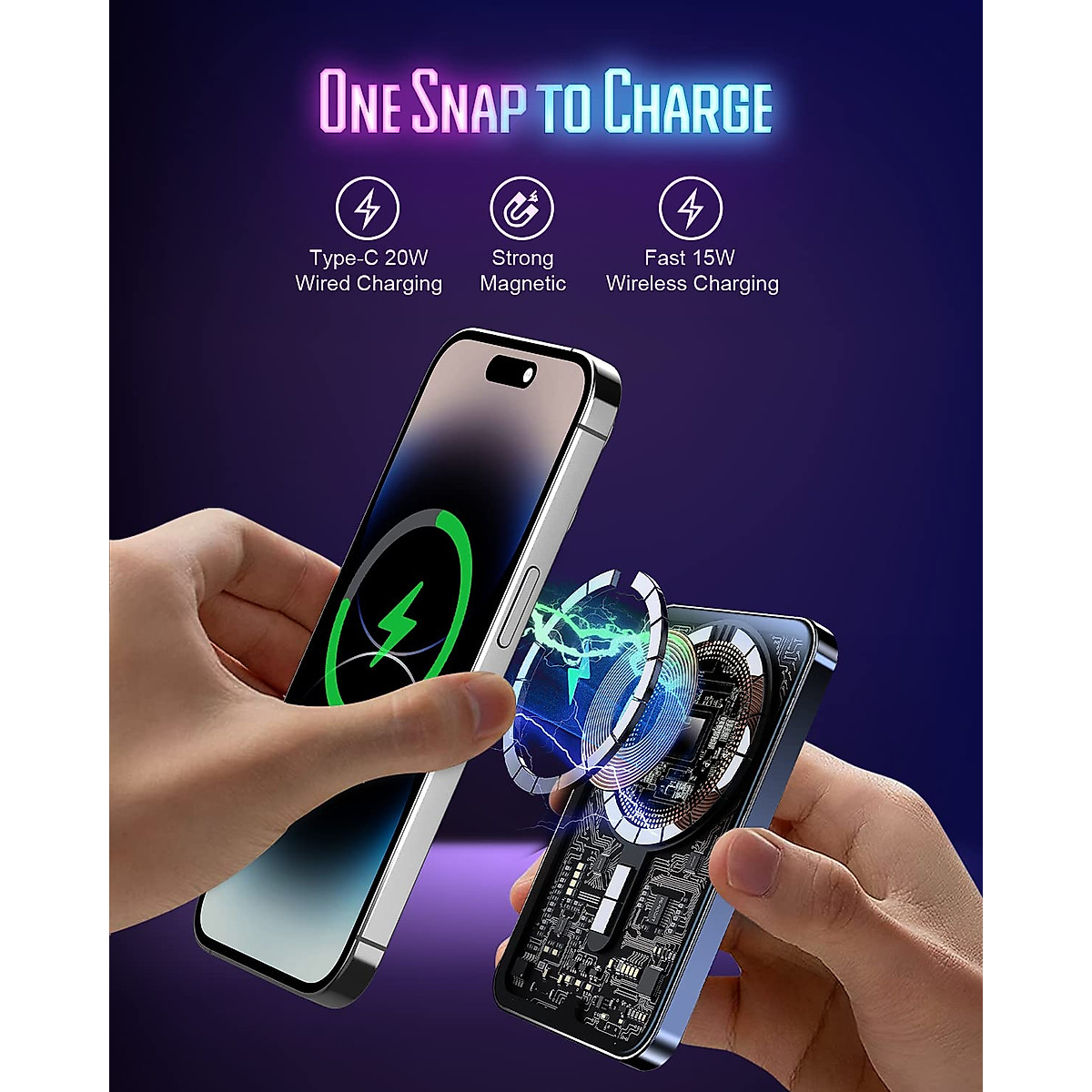 HINOVO 5000mAh Magnetic Wireless Power Bank, Transparent Portable Charger iPhone, Ultra Slim Battery Pack for Magsafe, Wireless Charger with 20W PD Fast Charge for iPhone 16/15/14/13/12 Series