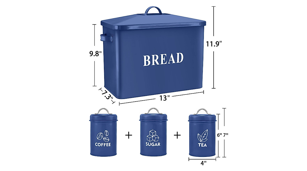 E-far Navy Blue Bread Box & Canister Set - Rustic Kitchen Storage