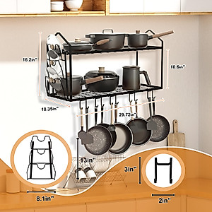 LADER 30Inch Wall Mounted Pot Rack, 2 Tiers Pots and Pans Organizer for Kitchen Organization & Storage, Large Size Black Hanging Pot rack, Wall Shelf with 5 connect Hooks