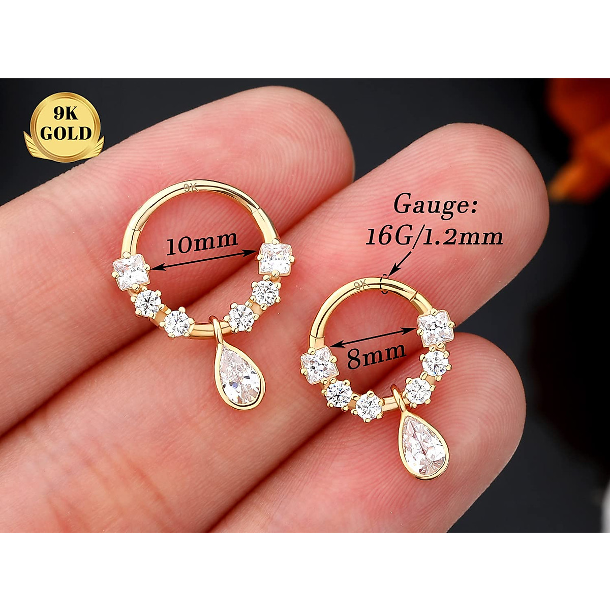 Melighting 9K Gold Septum Rings 16G Teardrop Solid Gold Septum Jewelry Helix Piercing Jewelry for Women Clear CZ Gold Tragus Piercing Jewelry