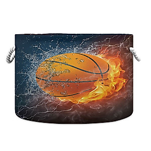 ALAZA Basketball Ball Fire Water Storage Box Toy Basket Laundry Storage Organizer Bins with Handles Large Baskets for Living Room Nursery Decor