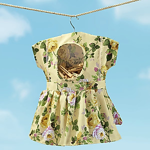 Collections Etc Whimsical Floral Print Dress Hanging Clothespin Bag, Use for Indoor or Outdoor Laundry Drying, Beige