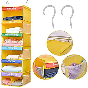 CLUQMEIK Kids Closet Organizers and Storage, Weekly Hanging Clothes Organizer, 6 Shelves with Side Mesh Pockets, 41.7"x12"x12", Yellow, Days of The Week Clothing System, Monday Through Friday