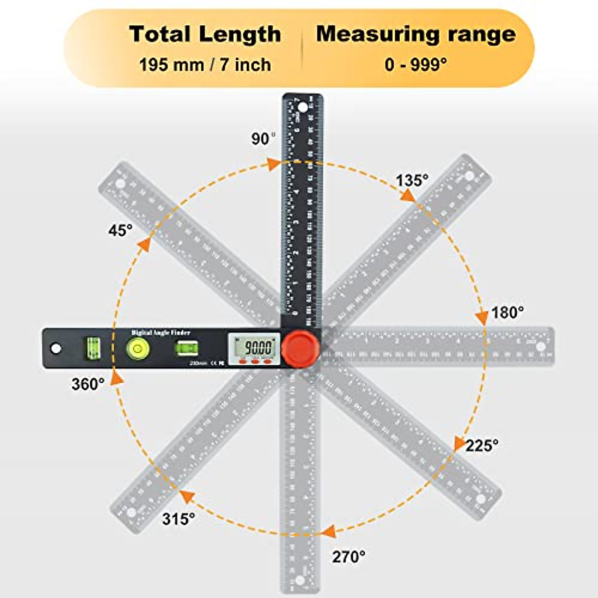 VOLCANOES CLUB Digital Angle Finder Protractor - 7inch Angle Gauge Spirit Level Ruler with INCH/MM & Level Bubble Vials - 360 Degree Measuring Super Gauge Tool for Carpenter, Construction, Woodworking