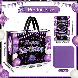 Purple Birthday Gift Bag, Large Purple and Black Happy Birthday Gift Bag with Card and Purple Tissue Paper for Girls Women Anniversary Birthday Party Favors Kids Adults Goodie Wrapping Bag Supplies