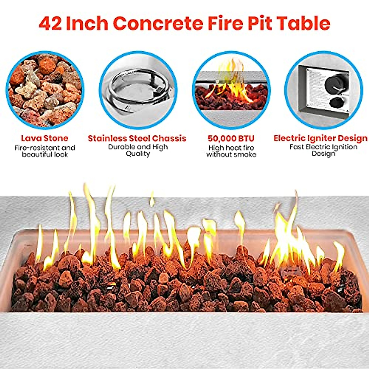 Concrete Outdoor Propane Fire Pit Table - CSA/ETL Certified Safe 50,000BTU Pulse Ignition Weatherproof Square Propane Gas Fire Table - Adjustable Flame, Thermocouple - PVC Cover, Lava Rock- SLFPCN56