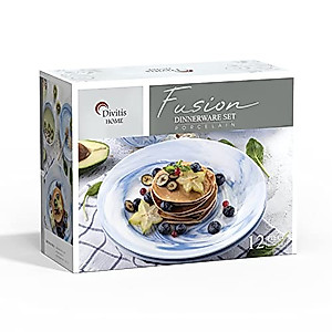 Divitis Home Fusion Porcelain Dinnerware Set 12 Piece, Blue Round Plates (Soup Bowls, Dinner Plates, Salad Plates), Porcelain Dinnerware Set, Dinnerware Set, Dinner Plates, Plates and Bowls Sets