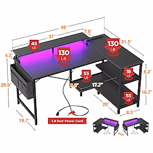 ODK 48 Inch Gaming Desk with USB Charging Ports and LED Lights, Reversible L Shaped Computer Desk with Storage Shelves & Monitor Stand, Corner Gamer Desk Table with Power Outlets, Black