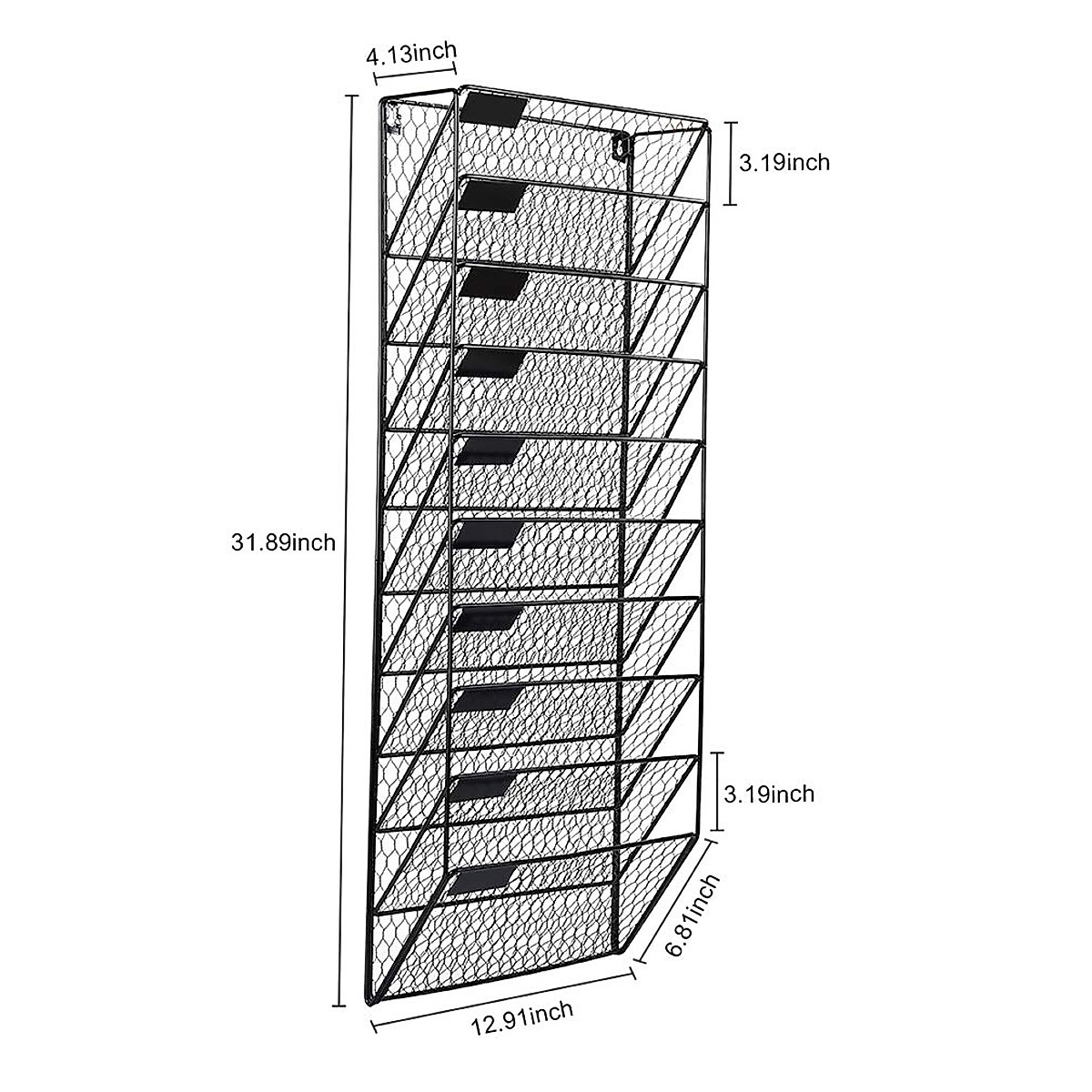 PAG 10 Pockets Wall File Holder Wall Mounted Mail Sorter Organizer Metal Chicken Wire Hanging Magazine Rack, Black