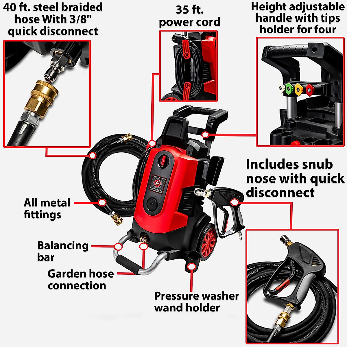 Adam's Polishes Electric Pressure Washer 2.0, Powerful 1.4 GPM 2000 PSI Car Pressure Washer Sprayer, Snub Nose & Tip Attachment, Use,Car Soap, Patio Boat RV Motorcycle Car Garage Deck (2.0 Machine)