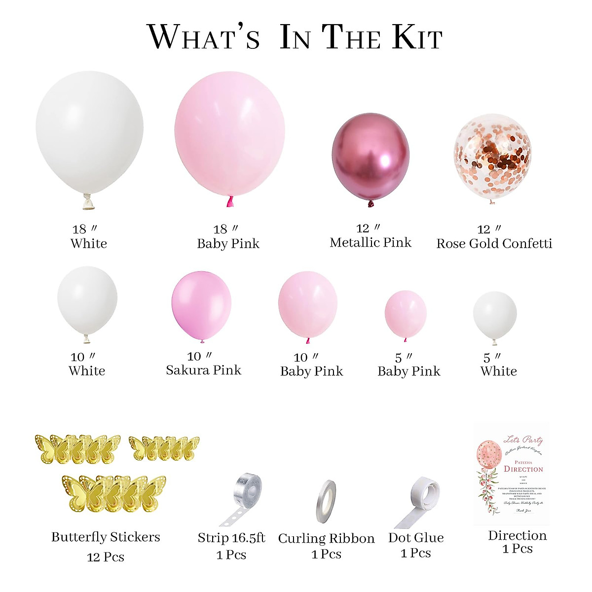 Pateeha Baby Shower Decorations for Girl 140 Pcs Pink Balloon Garland Pink White Balloon Arch Kit Butterfly Stickers Rose Gold Confetti Balloons for Bridal Shower Coquette Birthday Decorations