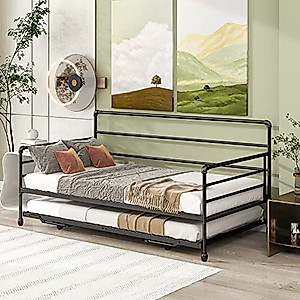 FULLJOJOR Daybed with Pop Up Trundle, Metal Daybed with Trundle & Pull-Out Trundle Set with Lockable Casters, Twin Platform Bed Sofa Bed for Living Room, Guest Room, No Box Spring Needed