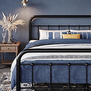 WEEWAY Queen Size Metal Bed Frame with Wrought Iron-Art Curved Headboard, Victorian Vintage Style Platform Bed, No Box Spring Required, Black