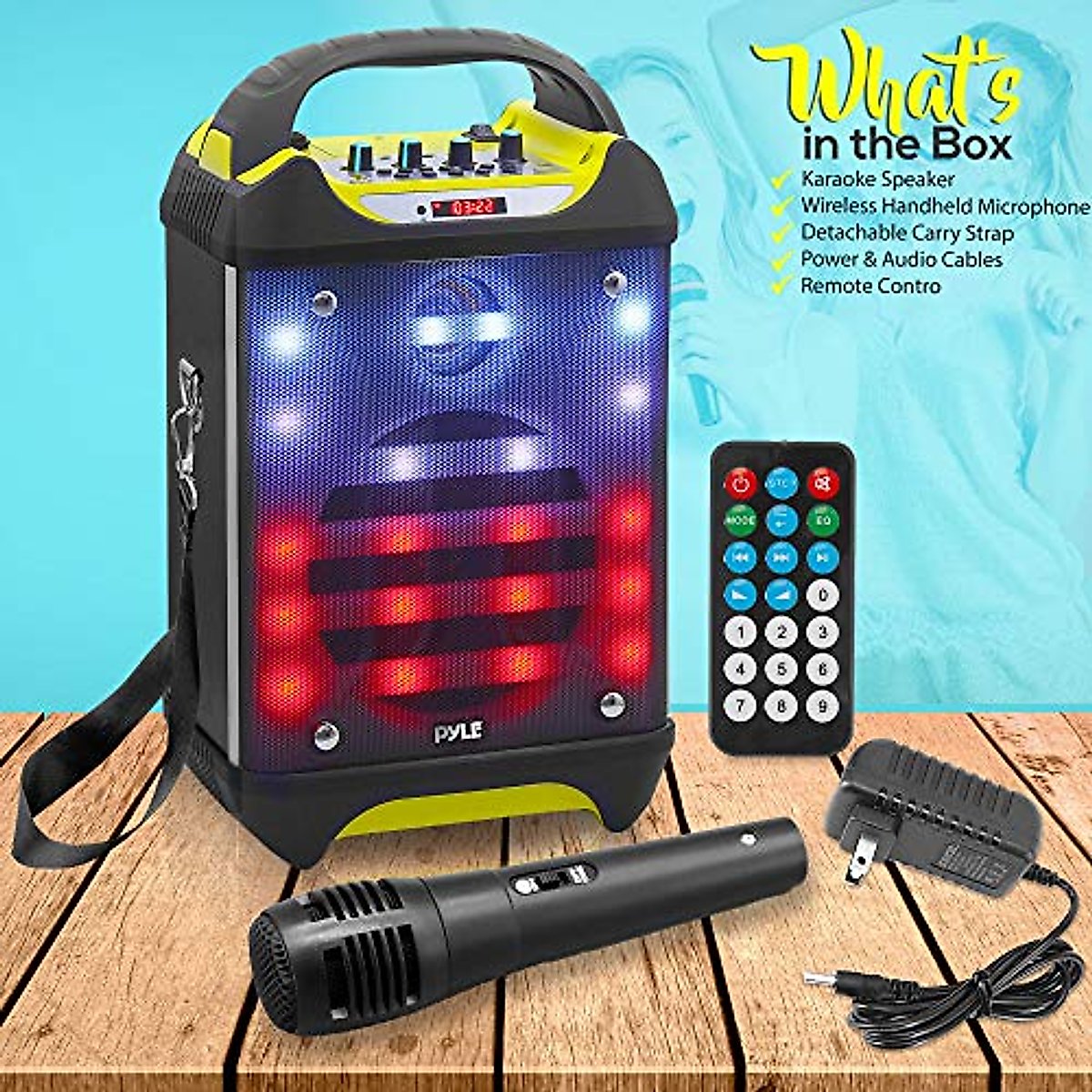 Pyle Portable Bluetooth Karaoke Speaker System - Audio Recording Function, 32 GB USB/SD Card Support, Built-in Rechargeable Battery, Flashing DJ Light w/ Music Streaming & Handheld Mic PWMA275BT
