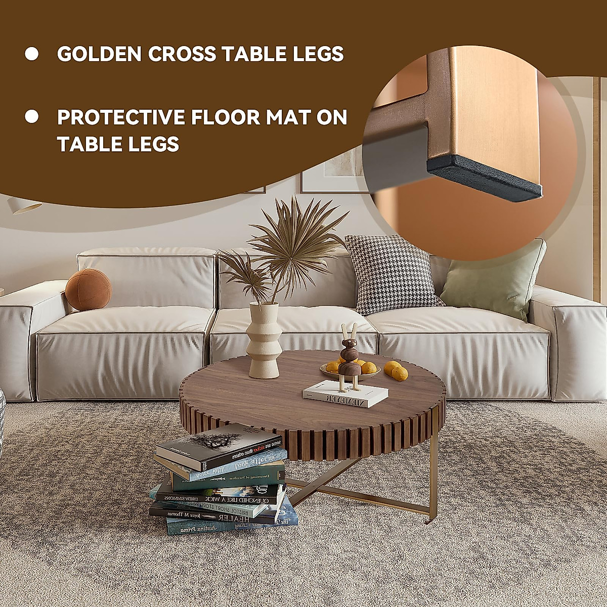 LKTART 31.5'' Round Coffee Table for Living Room, Solid Wood Handcraft Drum Coffee Table, Wooden Felief Coffee Table, Stainless Steel Legs Sturdy Pedestal Tea Table, Apartment Small Space,Walnut