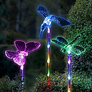 Exhart Garden Solar Lights, Set of 3 Acrylic Butterfly, Hummingbird and Dragonfly Garden Stakes, Color Changing LED, Outdoor Garden Decoration, 3.5 x 25.5 Inch