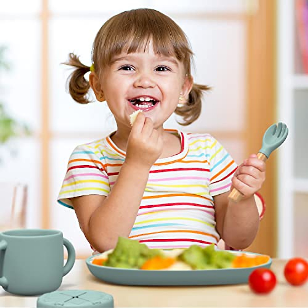 CAVEE Baby Led Weaning Utensils Infant First Stage BLW 6-12 Months Silicone Feeding Set (BPA-Free) with Suction Plate and Sippy Snack Cup 2-in-1 Easy-Clean Toddler Eating Essentials Infant