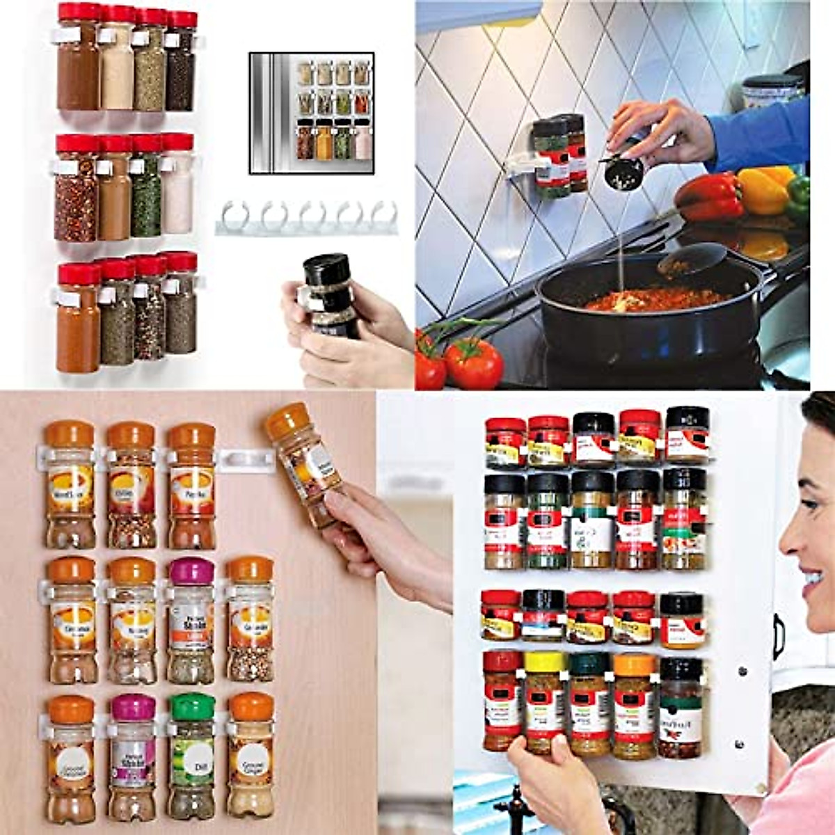 CaoXiong 4 Pack 20-Clips Wall Mounted Kitchen Spice Jar Rack,Organizer Rack,Seasoning Jar Storage Holder,Bottles Clip,Cupboard Spice Rack Shelf Cabinet Organizer Door with Adhesive Tape