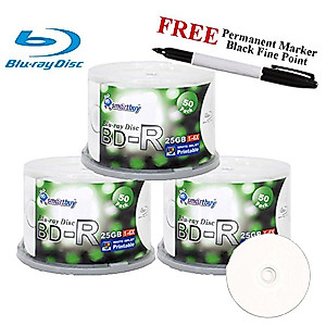 Smartbuy 150-disc 25GB 6X BD-R Blu-Ray White Inkjet Hub Printable Blank Media Disc + Black Permanent Marker