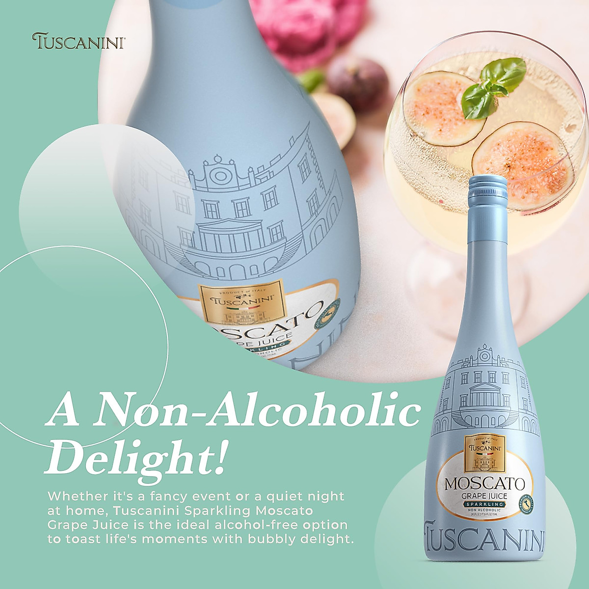 Tuscanini Sparkling Moscato Grape Juice, 25.3oz (2 Pack) | Non Alcoholic Italian Moscato | Elegant Champagne Bottle | Imported from Italy | Great for Cocktails | Kosher