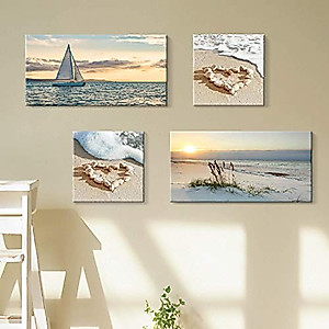 Hardy Gallery Beach Picture Sunset Canvas Art: Seascape Painting with Sailboat & Coastal Conch Artwork Wall Art for Bedroom (24'' x 12'' x 2 Panels + 12'' x 12'' x 2 Panels)