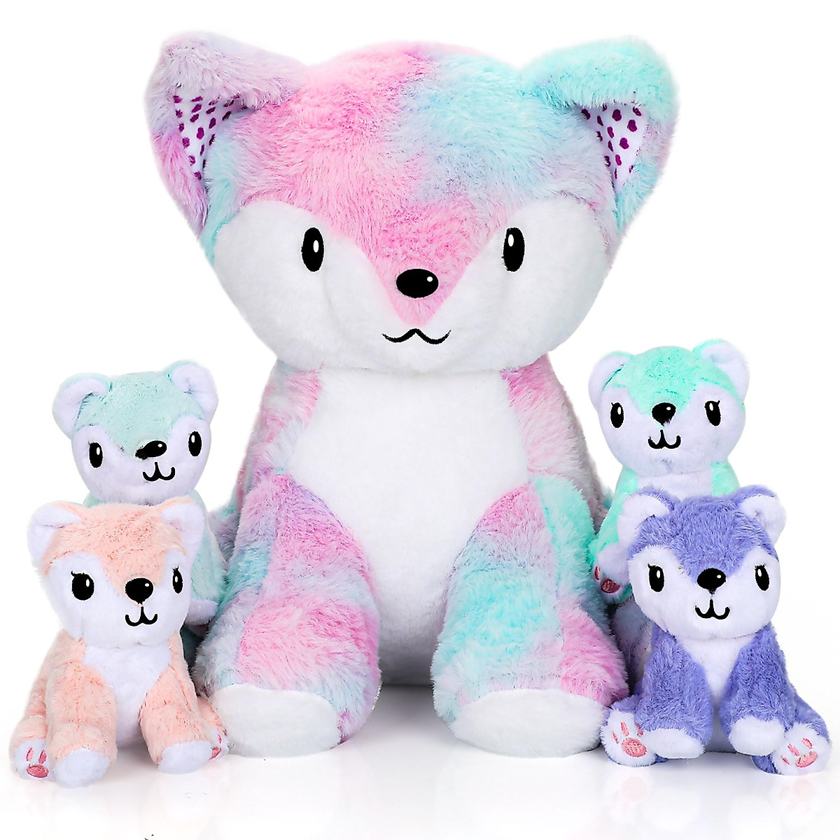 Smikawy Fox Stuffed Animal Set - Fluffy Rainbow Fox Toys Family, Perfect for Christmas or Birthday Gifts for Girls & Boys