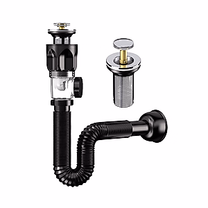 KKDFTU® 2 in 1 Bathroom Sink Drain Kit with Flexible & Expandable P-Trap, Suitable for 1-1/2'' Drain Hole, Pop Up Drain with Built-in Anti-Clogging Stopper Fits Overflow or No Overflow Vessel Sink