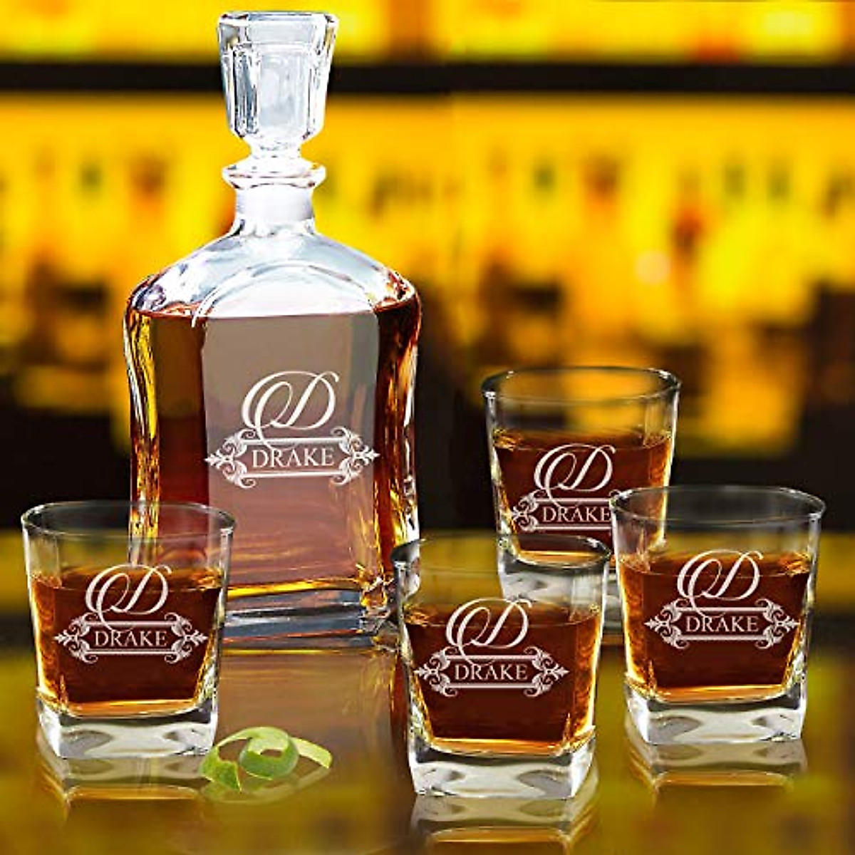 Personalized 5 pc Whiskey Decanter Set - Decanter and 4 Glasses Gift Set - Custom Engraved with Fancy Design