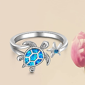 Fenthring Opal Ring Sea Turtle Rings Blue Opal Sterling Silver Adjustable Turtle Jewelry Starfish Good Luck Longevity Gifts Size 8