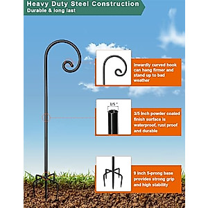 Koutemie 60 Inch Outdoor Shepherd Hook for Hanging Plant, Adjustable Heavy Duty Bird Feeder Pole with 5 Prong Base for Solar Lanterns, Black & 2 Packs