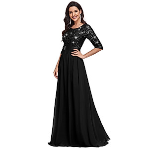 Ever-Pretty Women's Elegant A Line Crew Neck Half Sleeve Sequin Maxi Evening Dress Black US10
