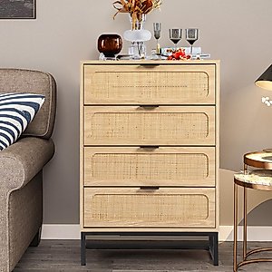 affeivul Mid Century Modern Dresser, 4 Drawer Rattan Dresser for Bedroom Wood, Boho Wooden Rattan Storage Cabinet Side Table with Solid Metal Legs, Tall Skinny Dresser for Closet (Natural)