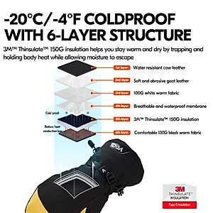 Vgo... 1Pair -30℃/-22°F or Above Cow Leather Warm Ski Gloves,Winter Snow Gloves,3M Thinsulate Waterproof Gloves(Size M,Black,CA2472FLWP)