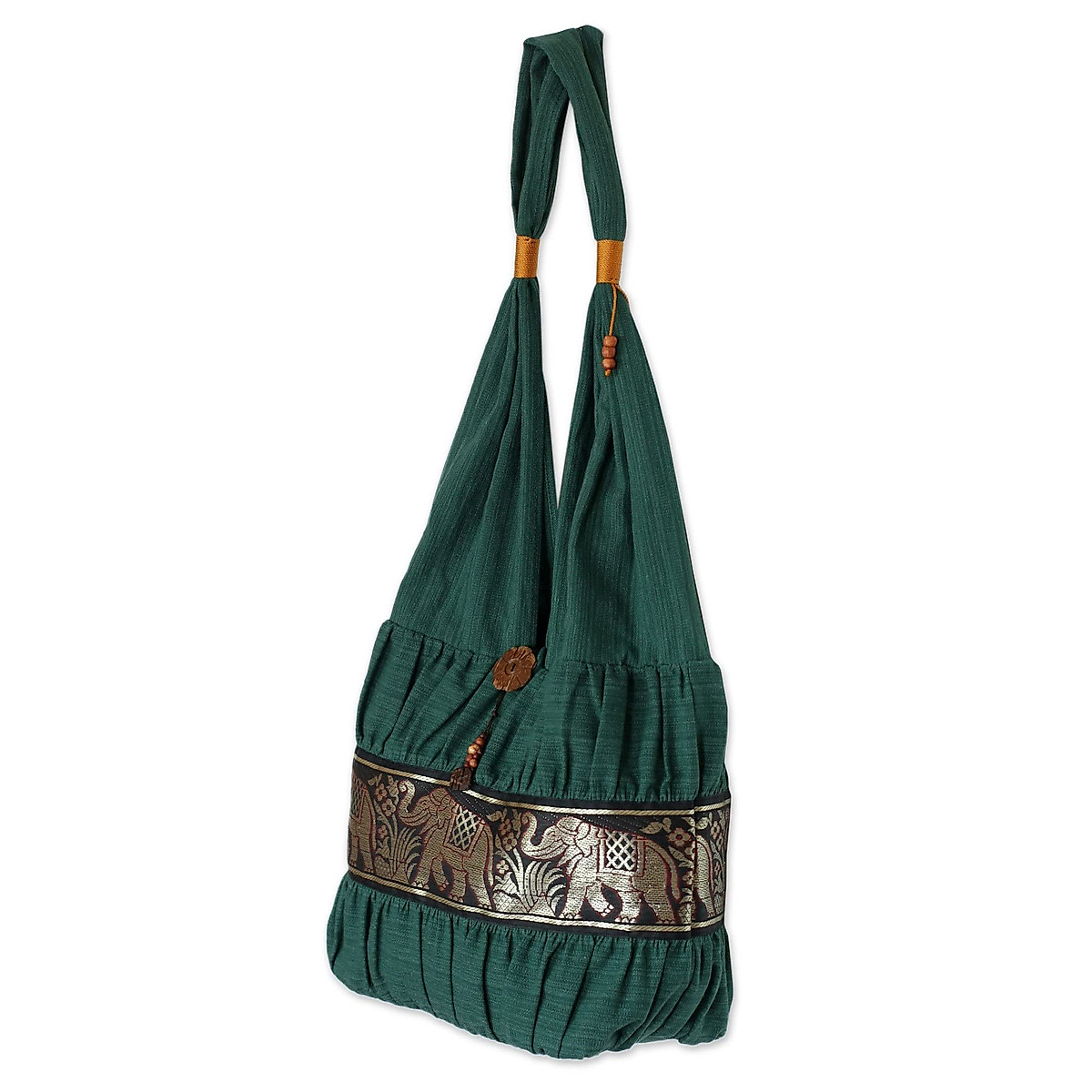 NOVICA Handmade Cotton Shoulder Bag | Green Elephant Embroidery Handbags | Casual Top Long Handle Cotton Handbag | Sling Crossbody | Boho Hippie Hobo | Thailand Animal Themed Bohemian | Emerald Thai