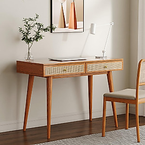 Longcoam Design Mid-Century Modern Solid Wood Desk with Drawers – 45 inch Small Boho Rattan Writing Desk for Home Office, Minimalist Design Natural Wood Legs Table for Workspace Elegance