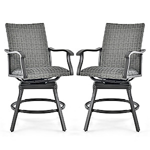Tangkula Patio Swivel Bar Chairs Set of 2, Aluminum 360° Swiveling Bar Height Chair with 4D Air Fiber Quick Dry Cushion, Elegant PVC Rattan, Patio Bar Stools for Backyard, Poolside, Balcony (Mix Gray)