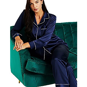 Womens Silk Satin Pajamas Set Sleepwear Loungewear Navyblue L