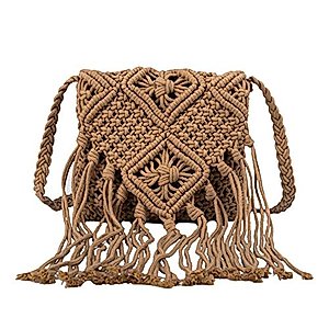 Nice Pies Women's Beach Straw Handbag Woven Tote Fishing Net Beach Bag Large Capacity Mesh Rope Combination Handbag (Khaki)