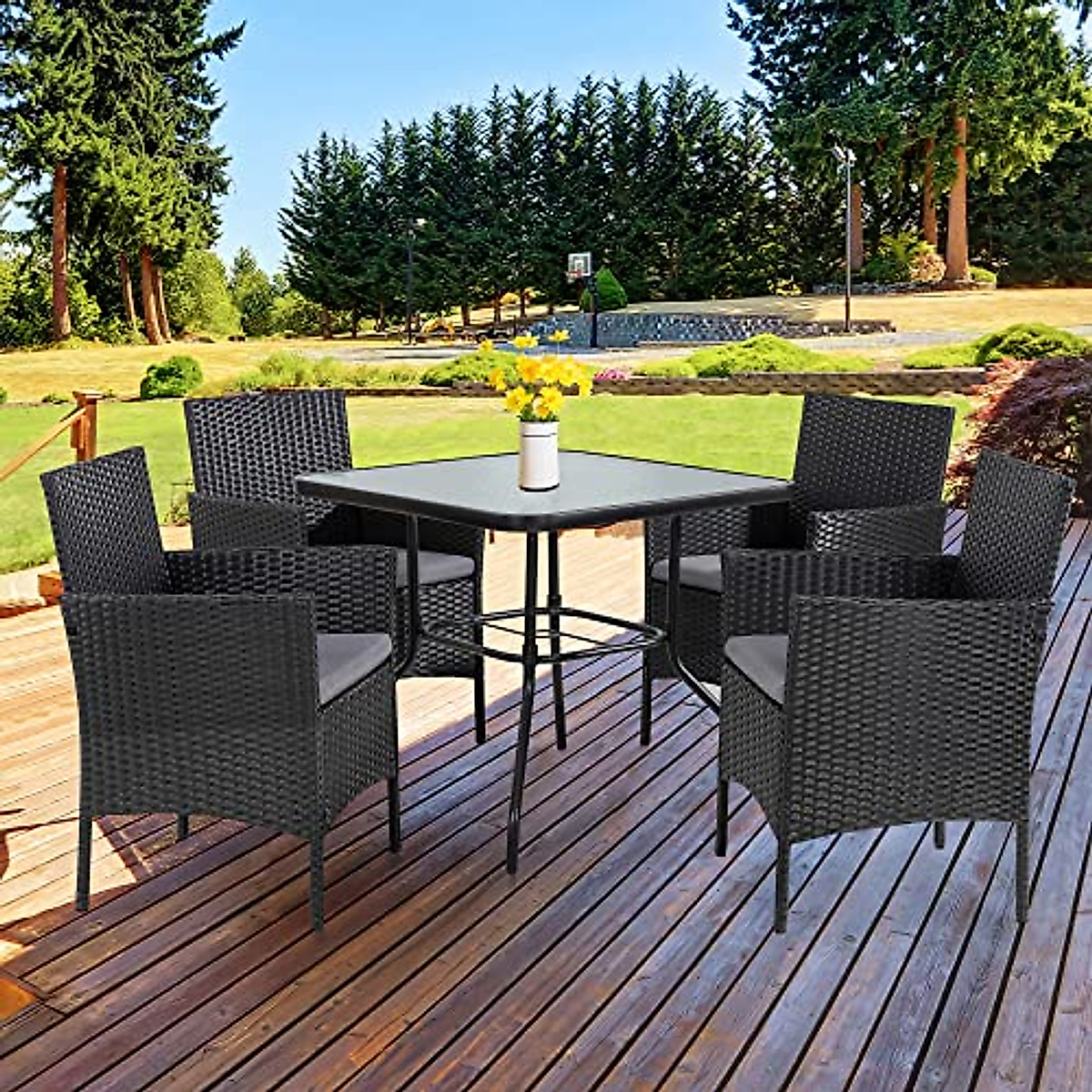 Shintenchi Outdoor Patio Furniture 5-Piece Indoor Outdoor Wicker Dining Set, Square Tempered Glass Top Table with Umbrella Hole and 4 Chair Set， Black