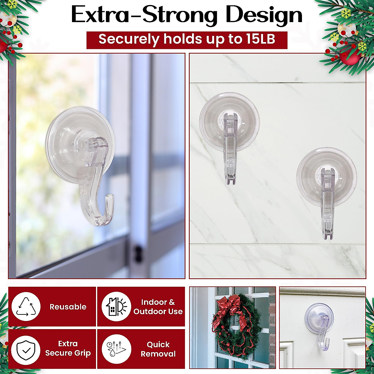 LITES-UP Christmas Wreath Hanger Heavy Duty Suction Cup Hooks for Holiday Decorations, Bath & Kitchen Accessories – Strong on Windows & Glass, Clear & Removable – Holds Up to 15 lbs – Set of 10