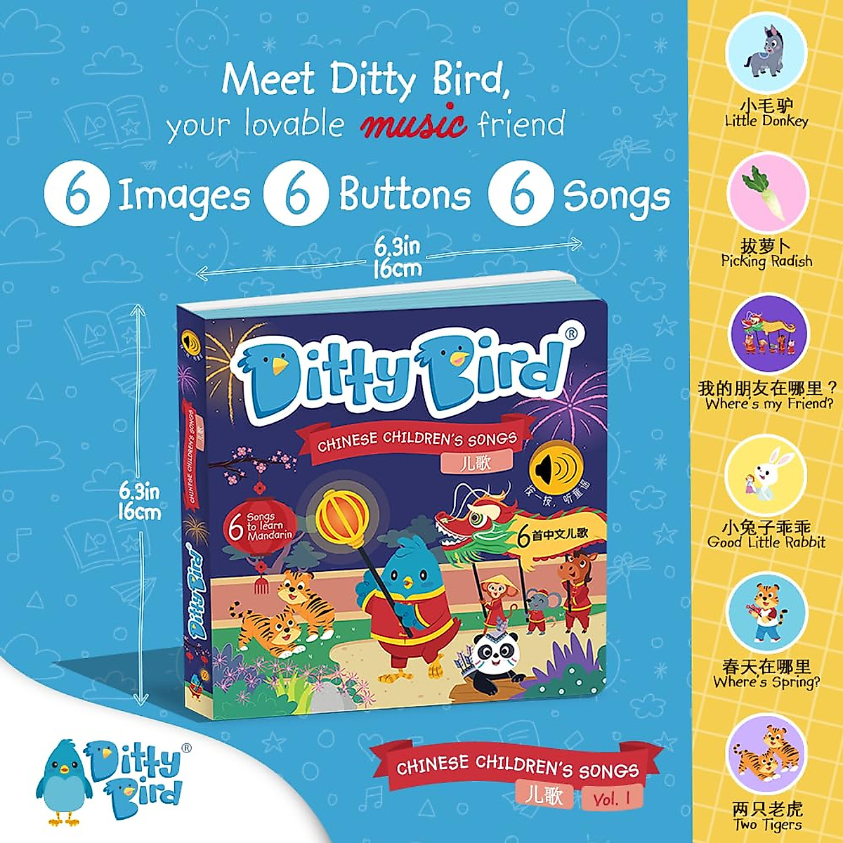 Ditty Bird Chinese Nursery Rhymes Book Children Songs Edition | Bilingual Musical Book for Toddlers, English & Chinese | Fun, Interactive Sound Books for Babies & Toddlers | Mandarin Book for Learning