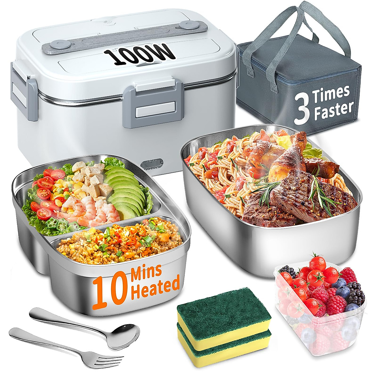 IFENROL Electric Heated Lunch Box - 100W 3-IN-1 Fast Heating Lunch Boxes Portable for Adults with 2 Pack Containers (Single & Compartment) for Car Truck Office 12V/24V/110V (3 Times Faster)