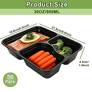 MUXHEL 50 Pack 30 oz 3-Compartment Meal Prep Containers with Lids, BPA Free Plastic Food Container Reusable, Microwave Safe Take Out Container with Lid for Meal Prep, Large, Black