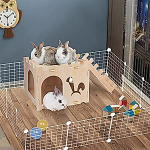 YUEPET Extra Large Wooden Rabbit Castle Bunny Play House Detachable Small Animal Hideout Handmade Hut for Indoor Adult Rabbit Guinea Pig Chinchilla Habitat