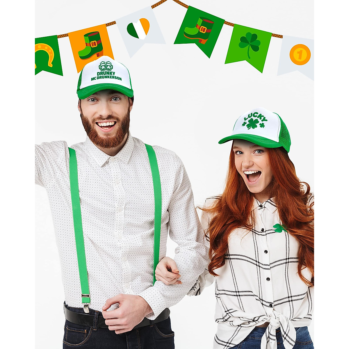 St. Patrick's Day Trucker Hat 2 Pieces Irish Green Mesh Cap Shamrock Hat Saint Patrick's Day Accessories Four-Leaf Clover Baseball Cap