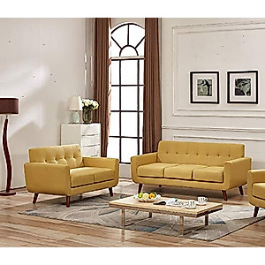 Container Furniture Direct Jenny Linen Uphostered Mid-Century Modern Button Tufted Living Room Loveseat, Mustard Yellow